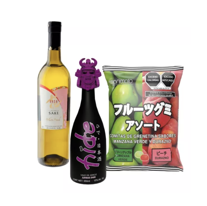 Sake Hide 350ml,sake Hana Durazno 750ml,gomitas 120g – Morimoto Gourmet